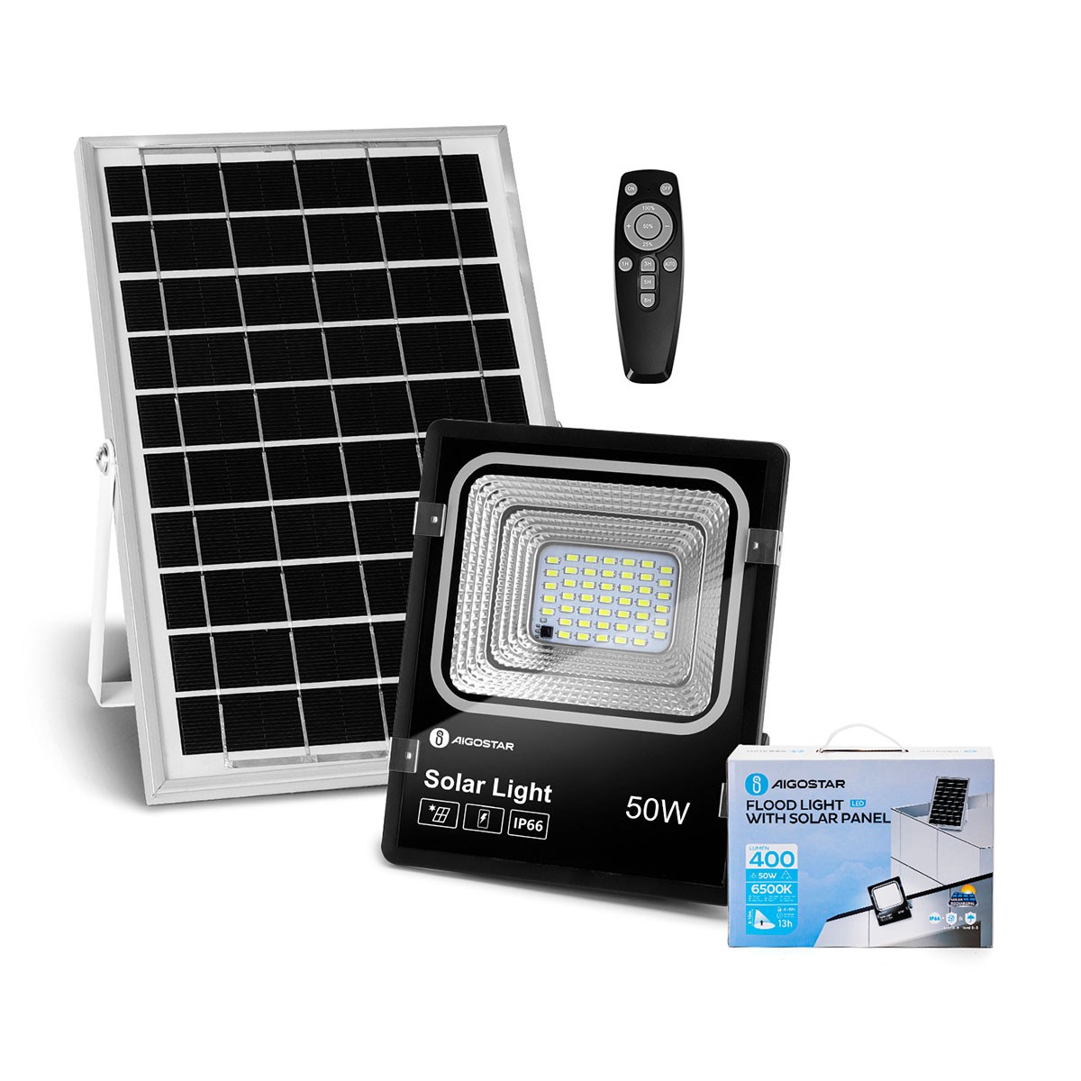 Aigostar Ip66 Led Projector With Solar Panel 50w 6500k