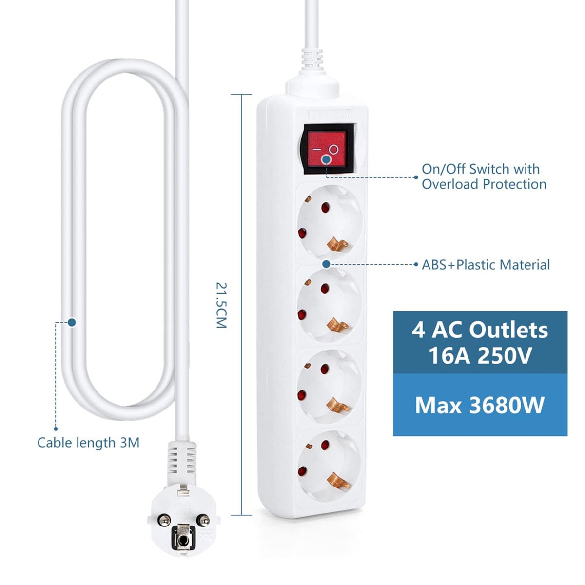 Ruler 4 Sockets w/ Switch Aigostar 3m White