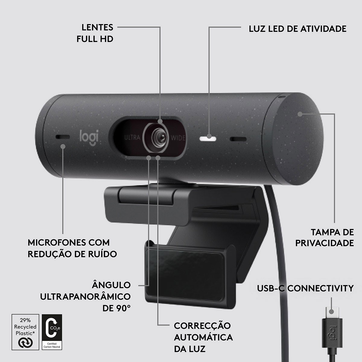 Webcam Logitech Brio 500 Full HD 1080p USB Type-C Black