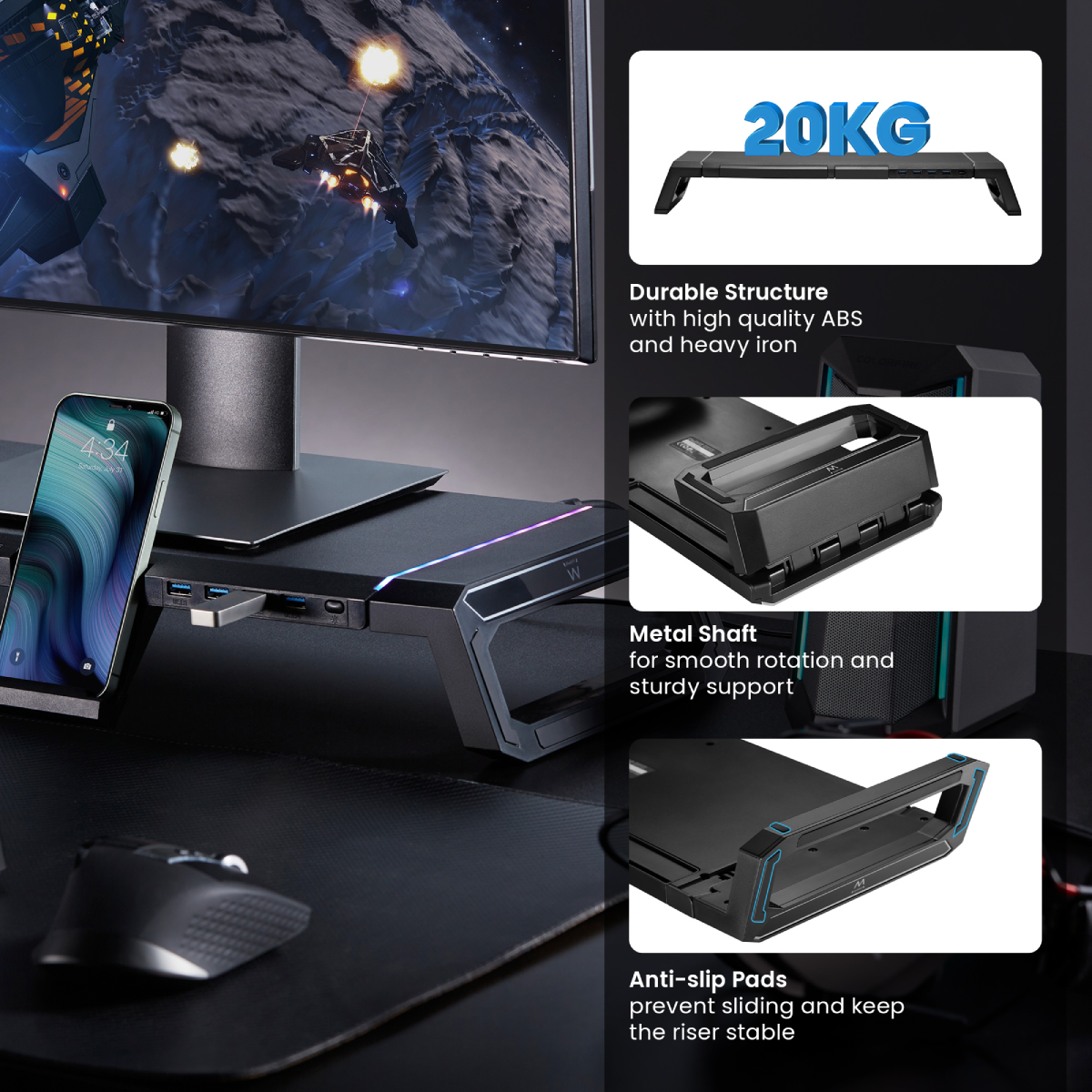 Base para Monitor Ewent EW1268 Foldable RGB c/ Hub USB 3.0 Preto