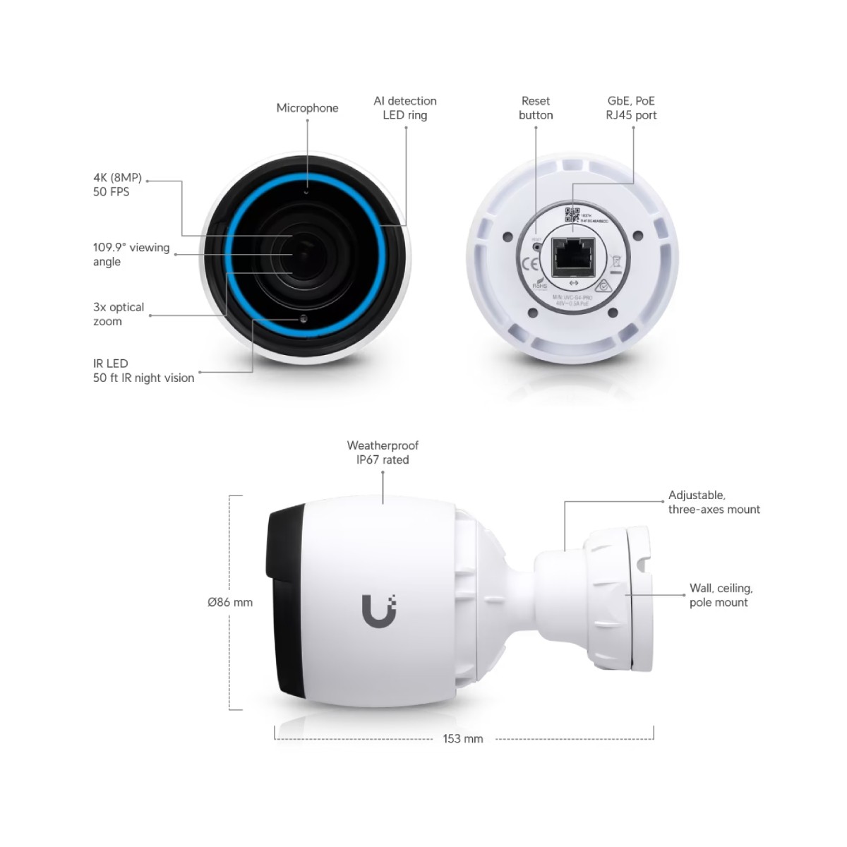 Caméra de Sécurité Ubiquiti UniFi G4 Pro 4K UHD Extérieure Intérieure Réseau Blanche UVC-G4-PRO